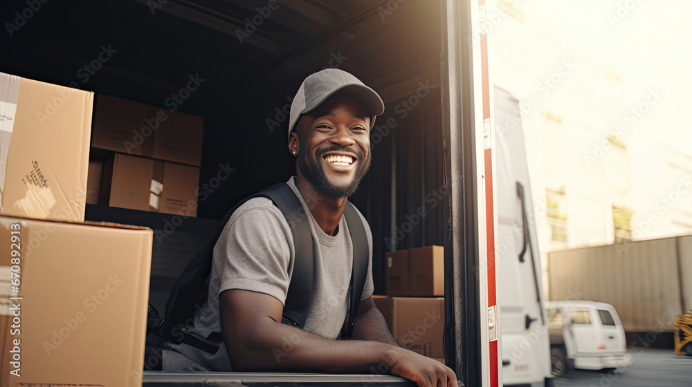 Happy smiling black man truck driver with hat ready to transport e ...