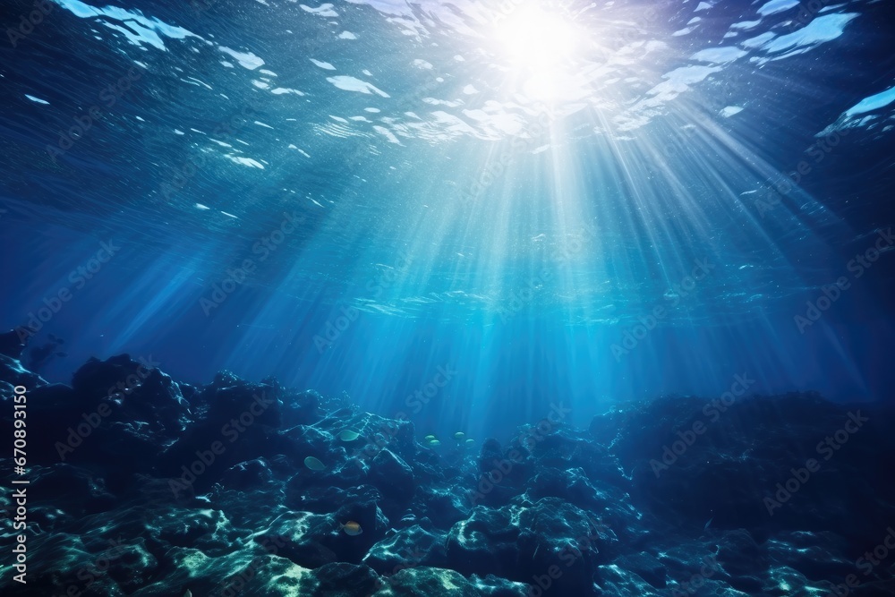 Underwater view of the sunbeams breaking through the water surface ...