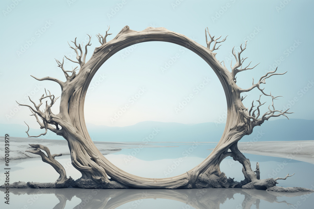 Dry tree circle frame on ocean sand beach landscape. Product display on ...