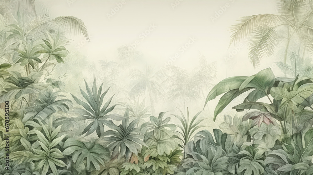 Retro mural photo wallpaper jungle and graceful leaves tropical forest ...