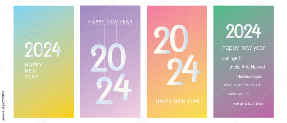 2024 Happy New Year in several languages greeting text on soft gradient ...