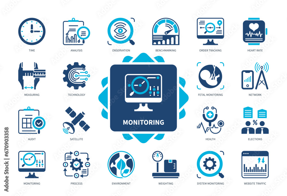 Monitoring icon set. Health, Benchmarking, Measuring, Analysis, System ...