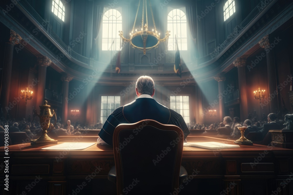 Witness the image of an old judge sitting in a courtroom and looking at ...