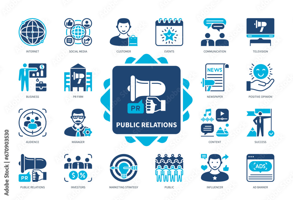 Public Relations icon set. Marketing Strategy, Communication, Newspaper ...