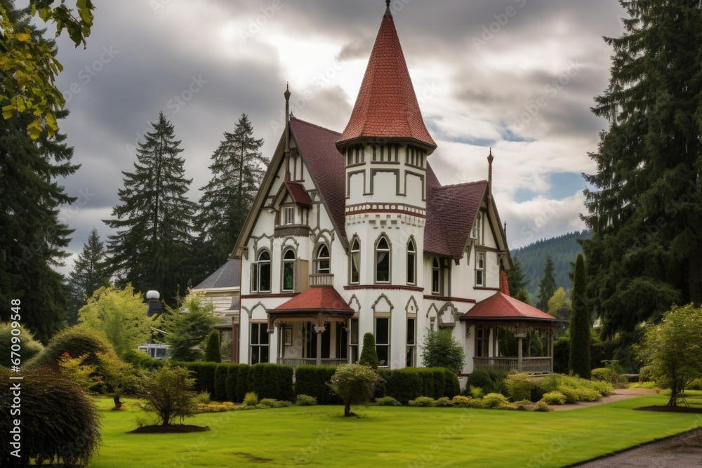 gothic revival villa with pointed roofs and battlement detailing Stock ...