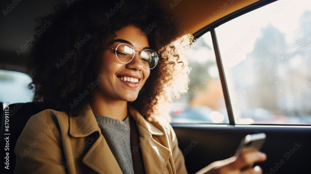 Smiling African American woman with mobile phone in car. A young black ...