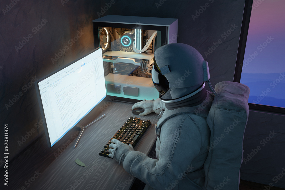 Astronaut Coding Programming Working with desktop pc with lighting ...