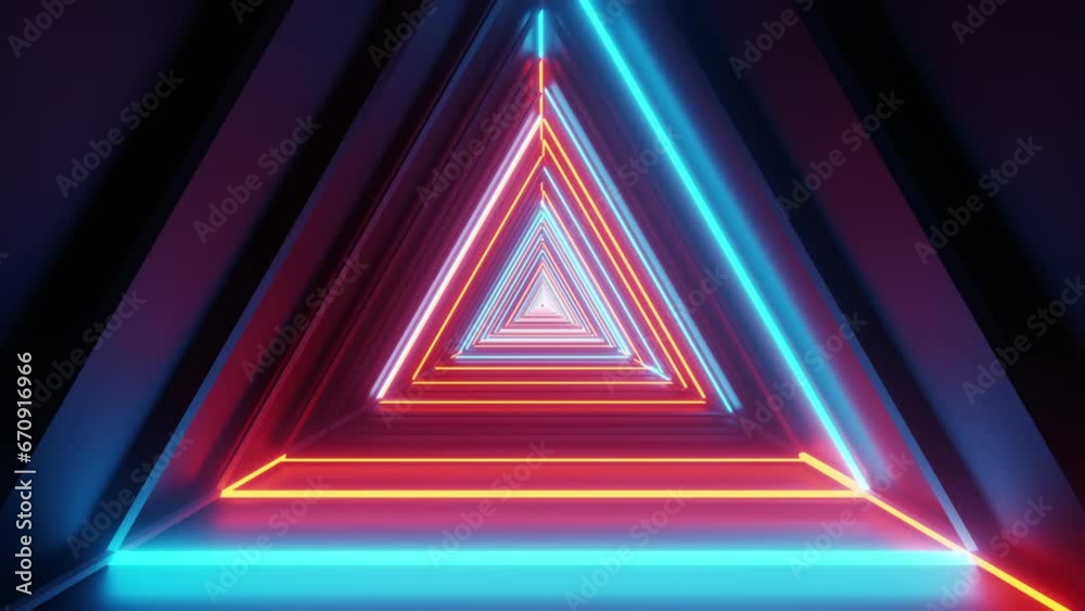 Loop VJ animation background. Triangular neon tunnel with blue and ...