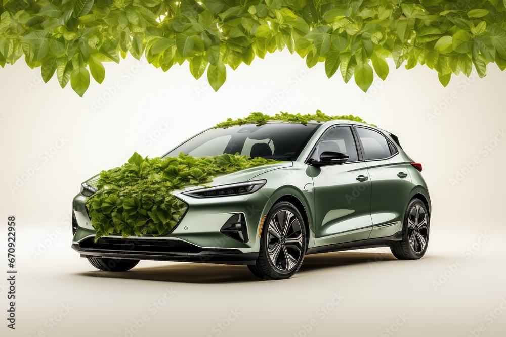 An environmentally friendly green electric car with green leaves on ...