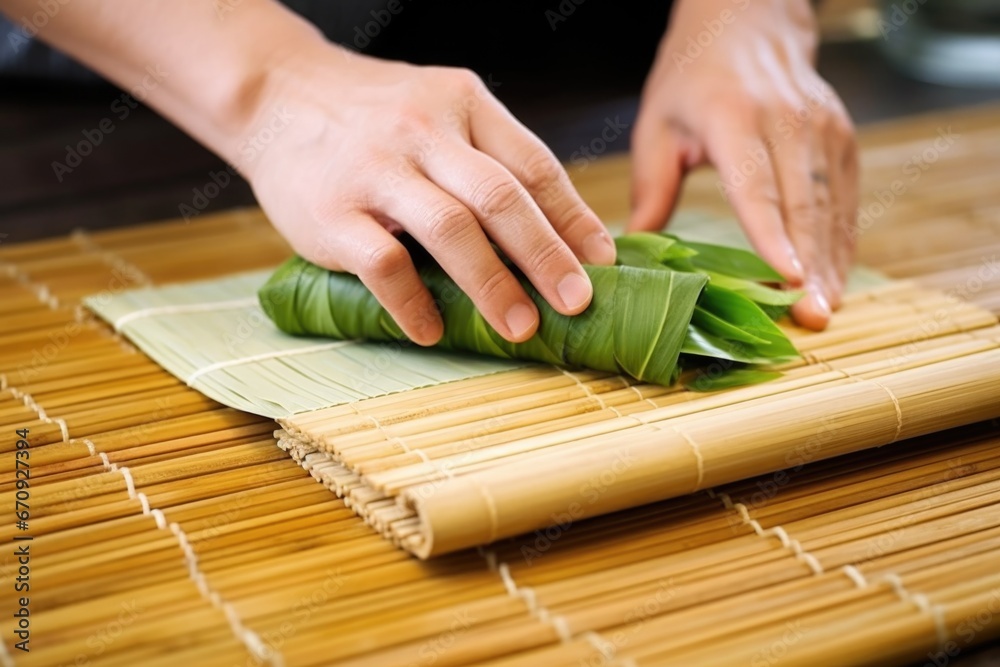 hand quickly rolling up a vietnamese spring roll against a bamboo mat ...