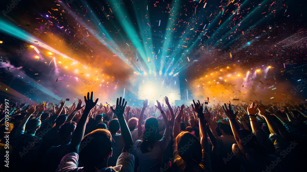 Huge concert crowd standing along with colorful stage lights and ...