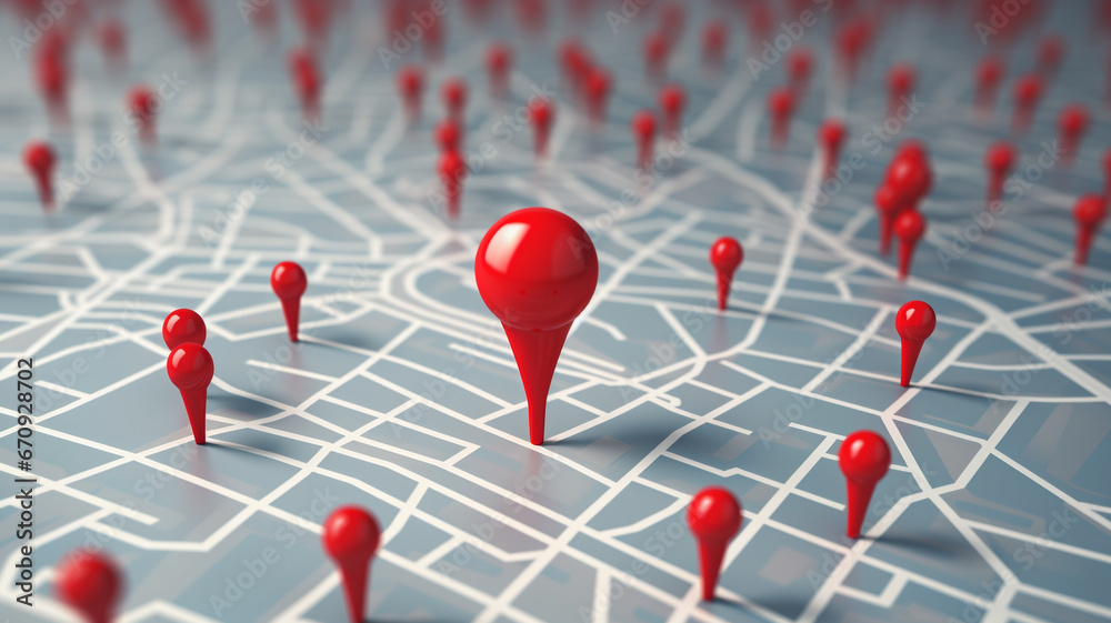 map with multiple red pins indicating locations in the city Stock ...