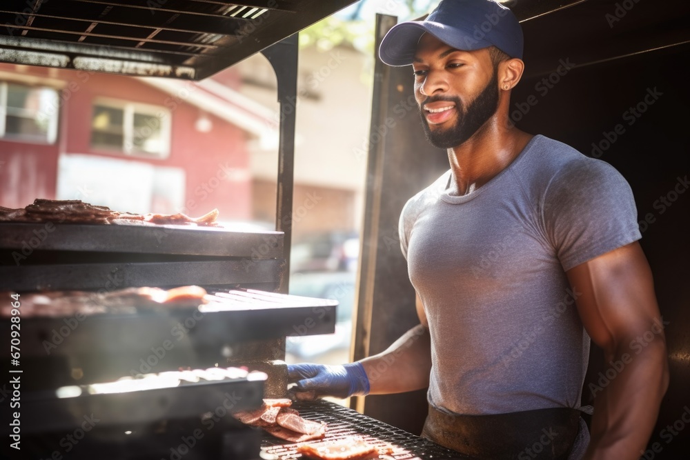 porter sweating in sunlight, adjacent to a grimy charcoal grill with ...
