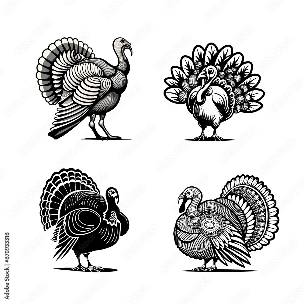 Set of pictures, black and white turkeys for Thanksgiving, png ...