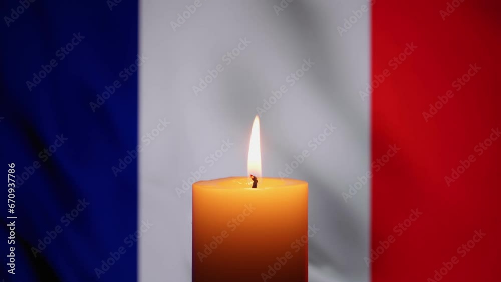 National flag of France and a burning candle. Tragedy and mourning in ...