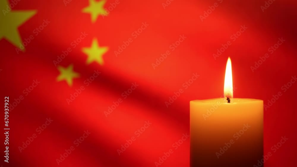 China flag and burning candle. Tragedy and mourning in the country ...