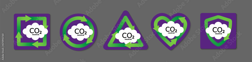 CO2 neutral sticker pack. Zero carbon gas emissions white cloud with ...