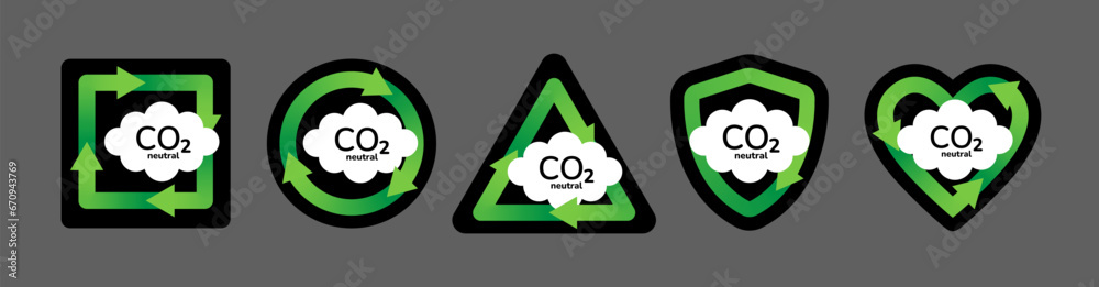 CO2 neutral label stickers vector icon set. Zero carbon footprint, CO2 emission reduction ...