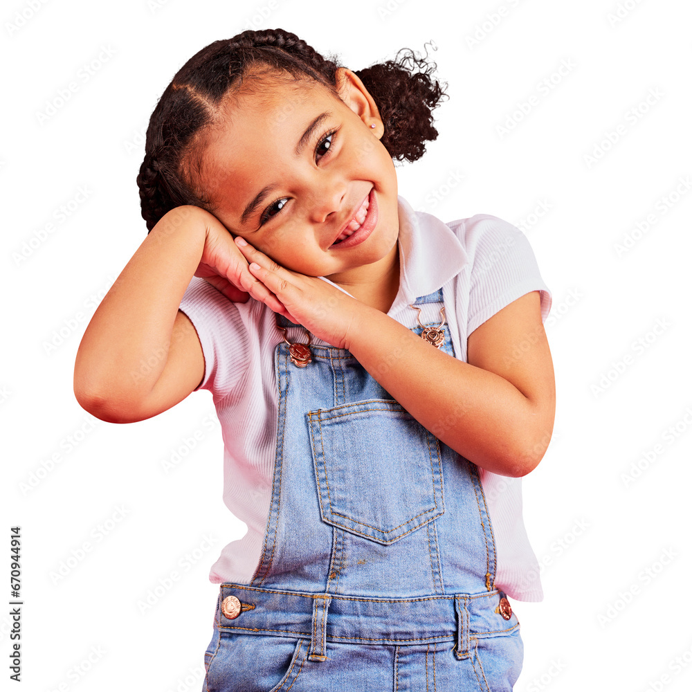 Young girl, portrait and shy expression with happy kid in denim clothes ...