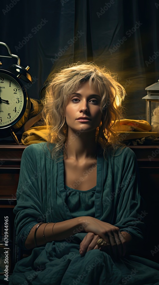 Tired middle aged woman lying in bed cant sleep late at morning with ...