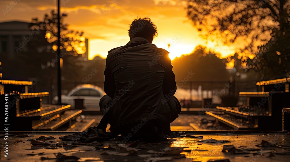 Silhouette of depressed man sitting on walkway of residence building ...