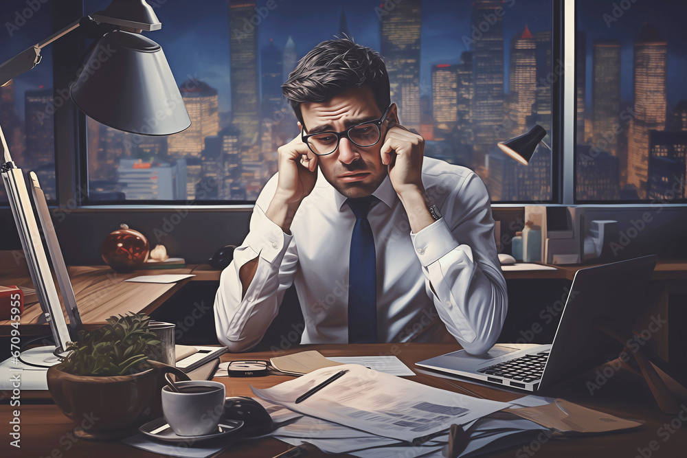 digital art of an overworked employee amidst a chaotic workspace with a ...