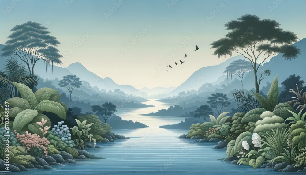 Serene river flowing through the Garden of Eden. Beautiful tropical ...