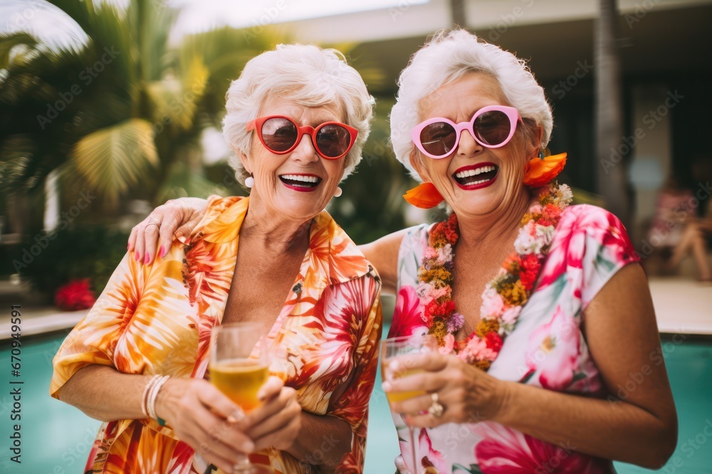 happy senior women having fun drinking cocktails on vacation. Cruise ...