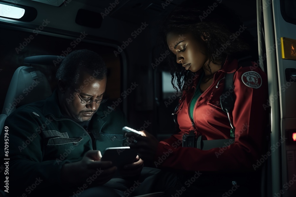 African american paramedic uses a tablet computer to fill out a ...