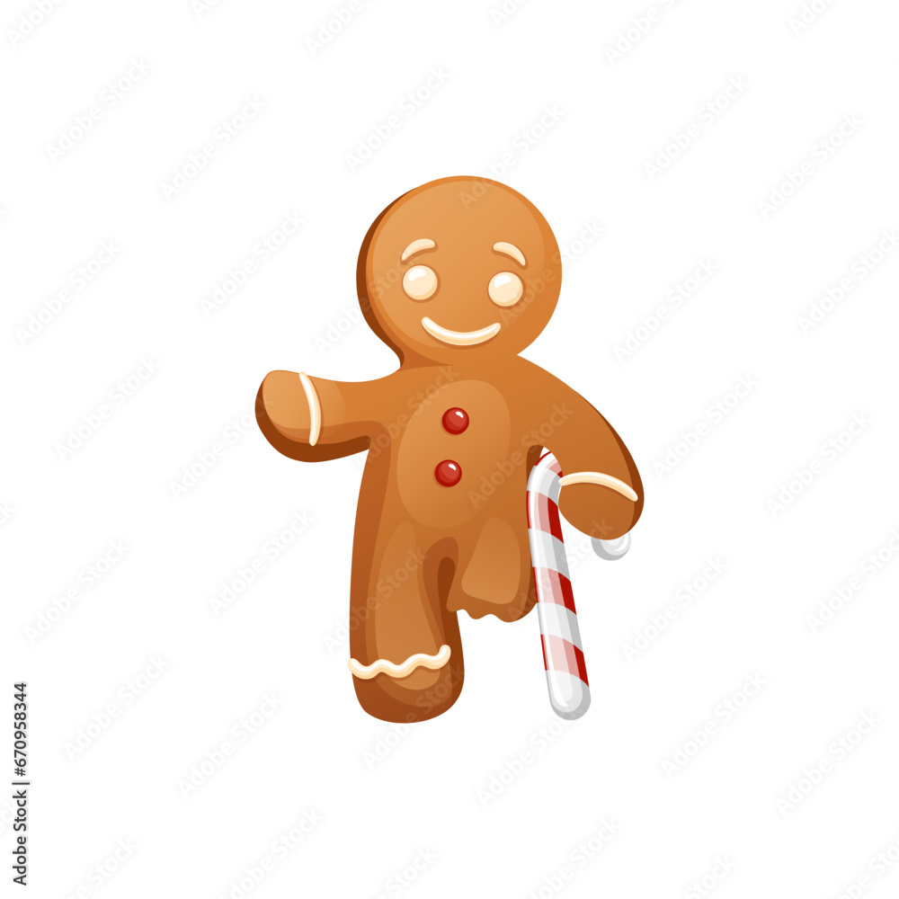 Smiling Gingerbread Man Character Without Leg. With Candy Cane In His ...