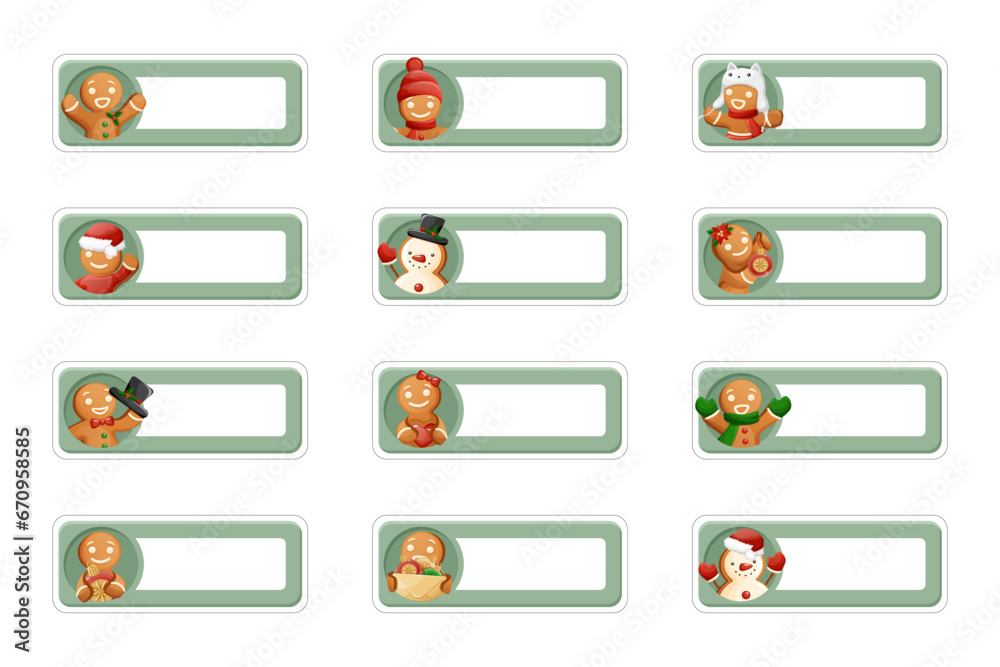 Cute Christmas Party Stickers With Gingerbread Man Characters And Name ...