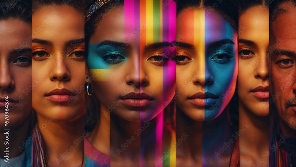 Human face made with different portraits in narrow stripes. Different ...