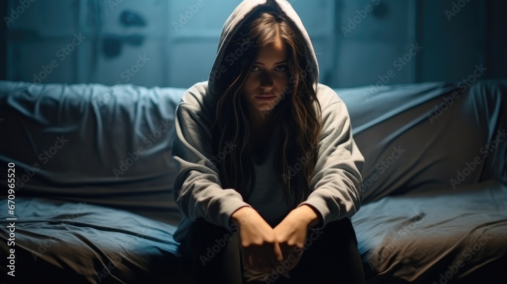 Sad teenage girl sitting in a dark room, Depression and frustration ...