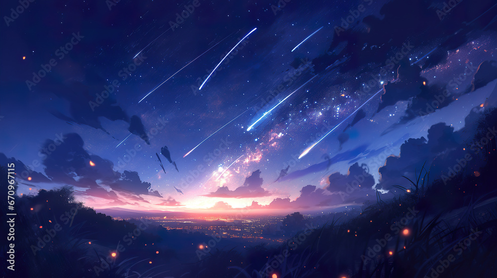shooting stars in the sky, anime manga artwork of a beautiful night in ...