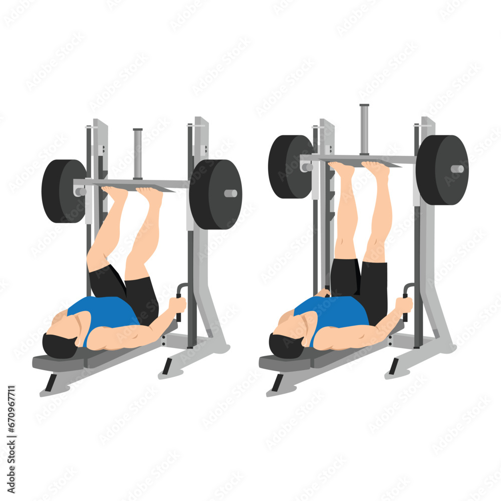 Man doing smith machine leg press exercise or reverse squat. Lying leg ...