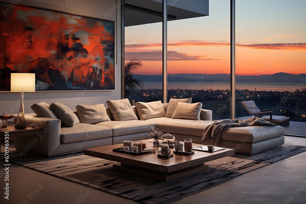 Canapé dans un salon moderne, cosy et chaleureux avec une grand fenêtre ...