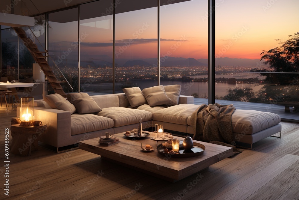 Canapé dans un salon moderne, cosy et chaleureux avec une grand fenêtre ...