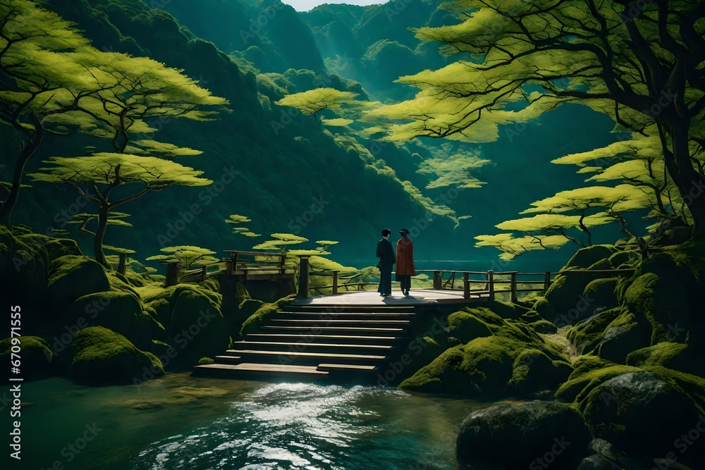 green bridge in the miffle of jungle with greenary spread allaround ...
