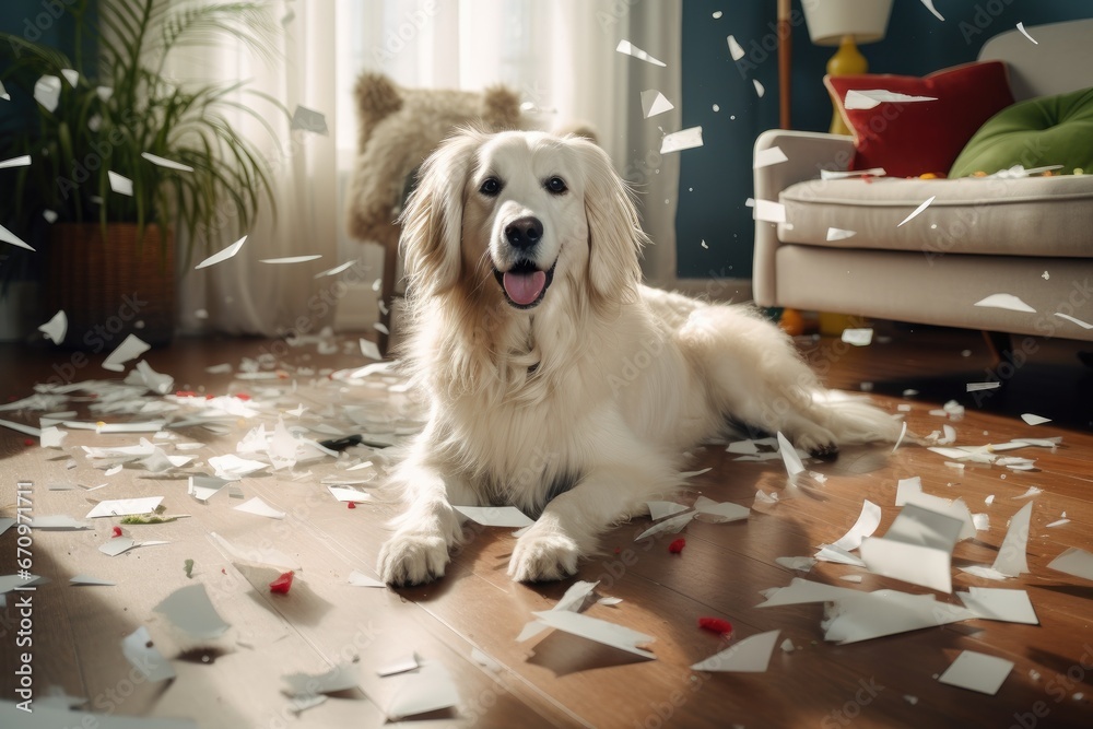 Mischief dog made a mess while being home alone in the living room ...