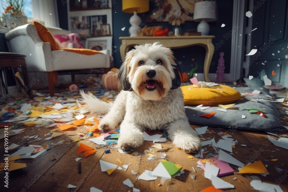 Mischief dog made a mess while being home alone in the living room ...