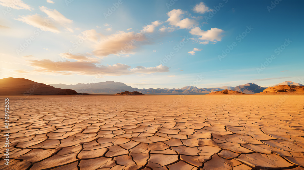 An expansive desert landscape stretches beyond the horizon, with ...