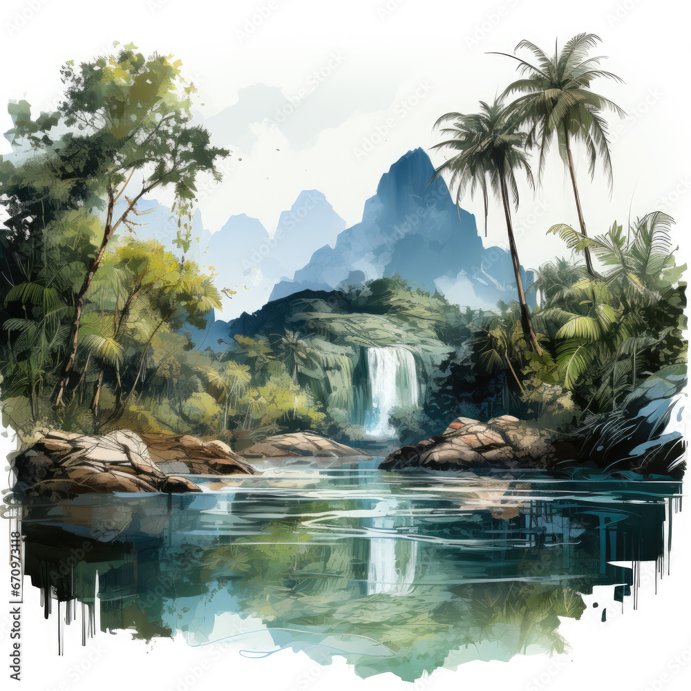 Watercolor of a tropical island with a waterfall cascading down into a ...