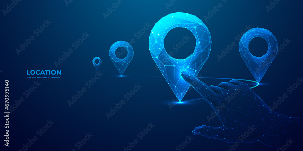 Light blue GPS pin and human hand. Digital finger touching on abstract ...