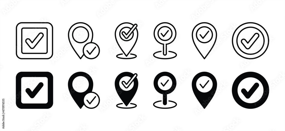 Map pin location checkpoint icon set. Map markers with check mark sign ...