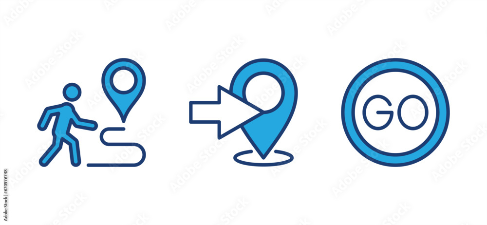 Go icon set. Directions to location icon. Goes to the map pin location ...