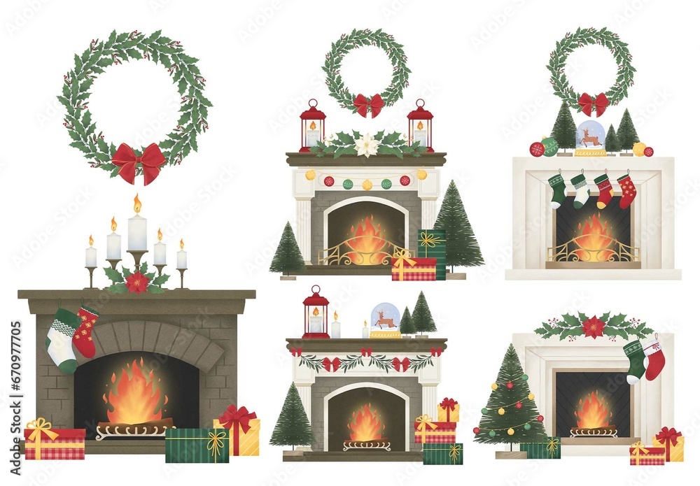 Christmas Fireplace Illustration Set Stock Template | Adobe Stock