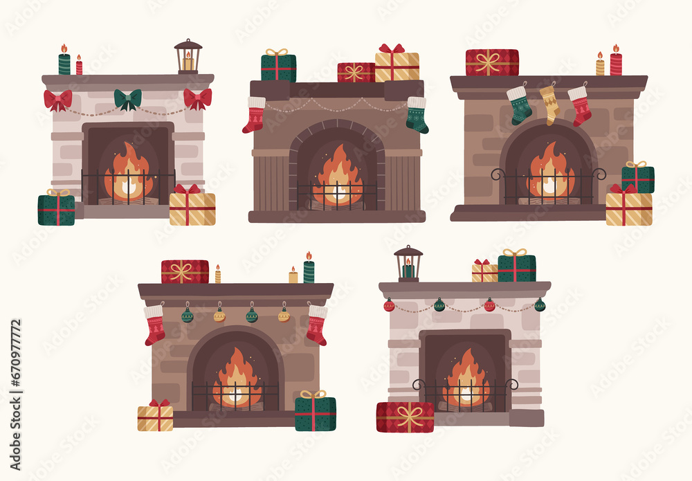 Christmas Fireplace Illustration Set Stock Template | Adobe Stock