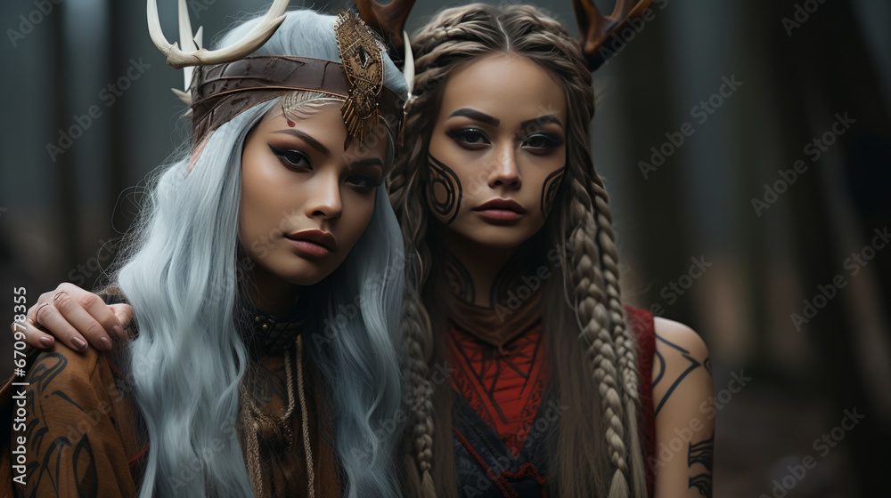 young long-haired girls with tattoos in fantastic costumes and deer ...