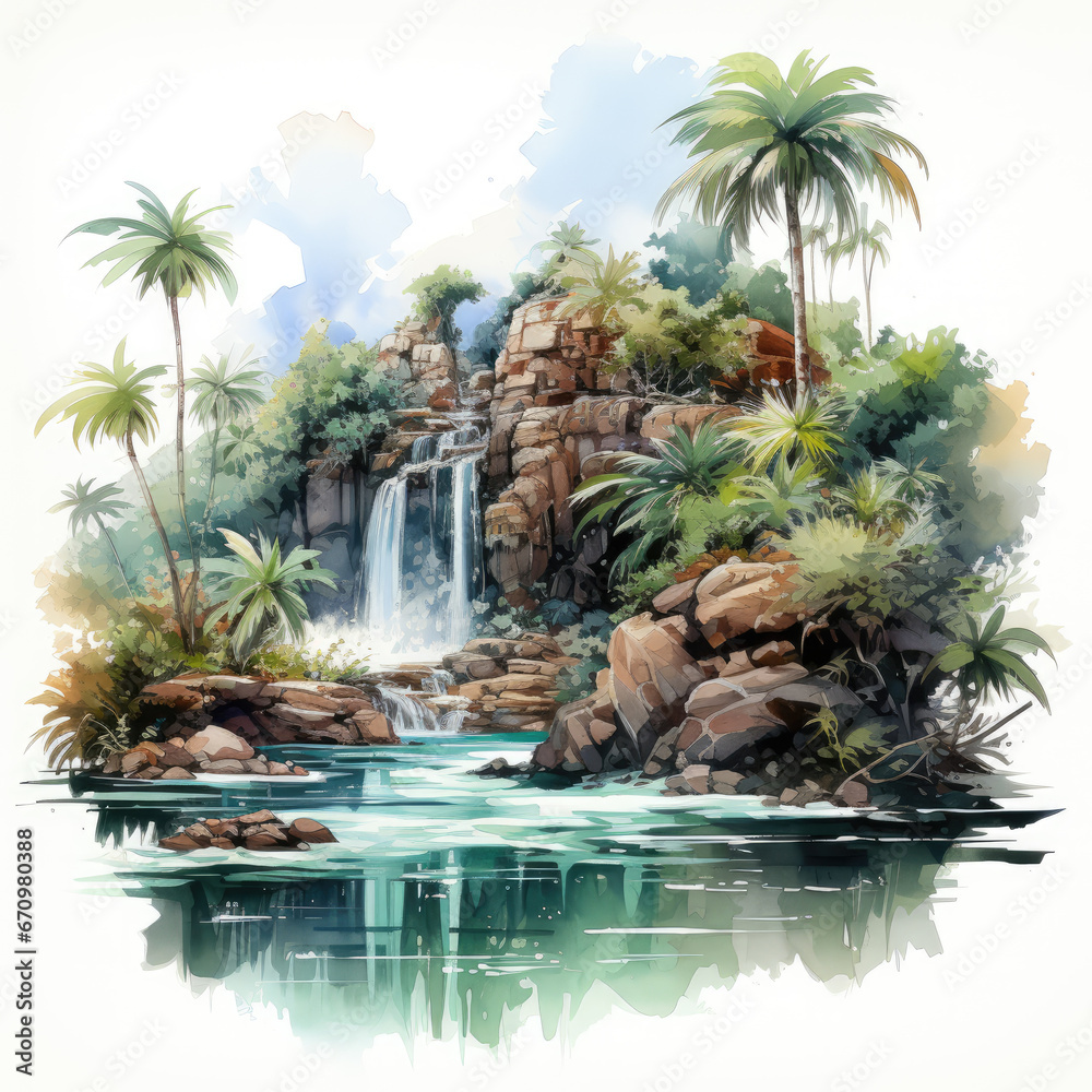 Watercolor of a tropical island with a waterfall cascading down into a ...