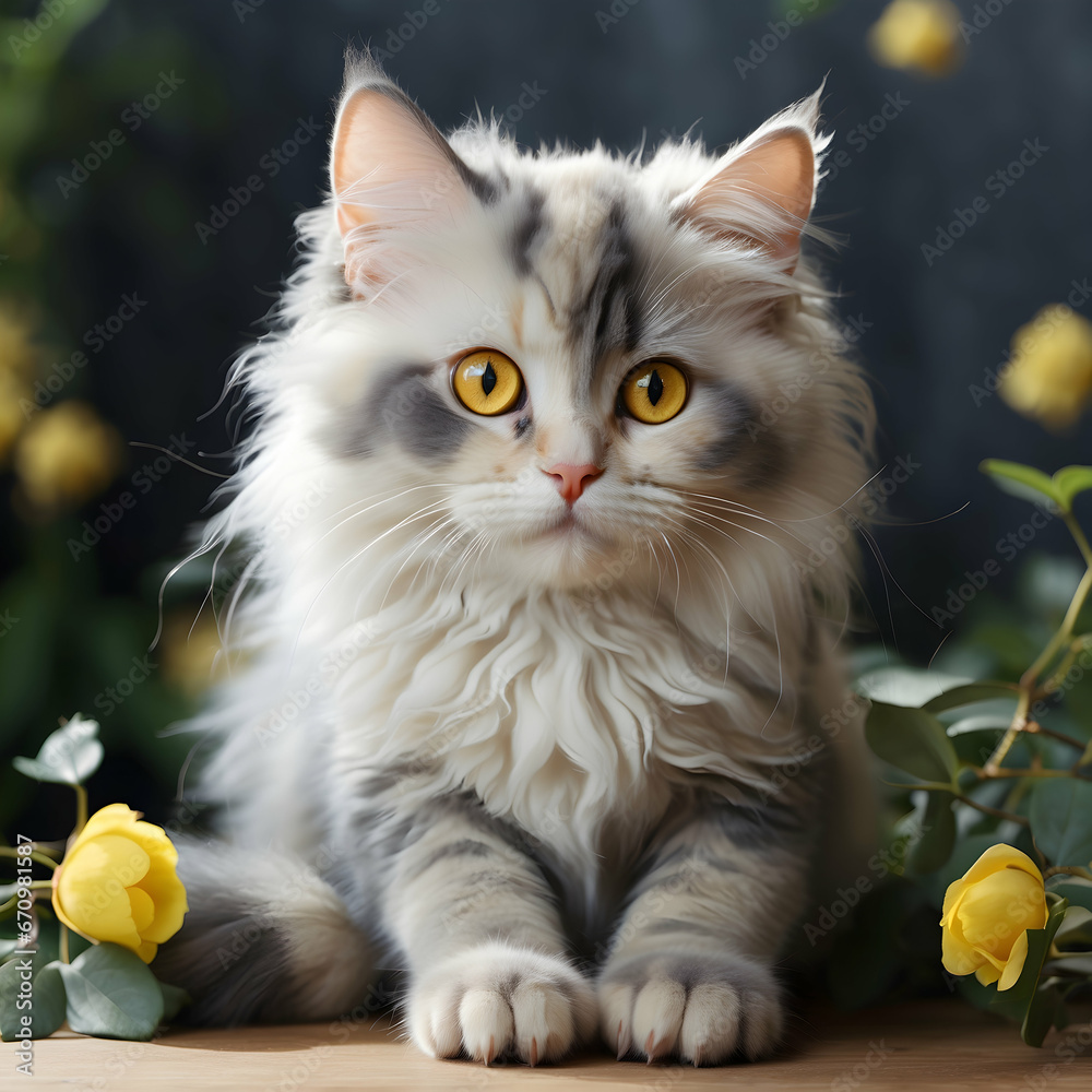 Darling fantasy pale grey calico cat with yellow eyes, a creme nose and ...